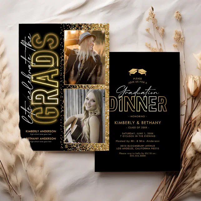 Black Gold Double Graduation Dinner Invitation | Zazzle