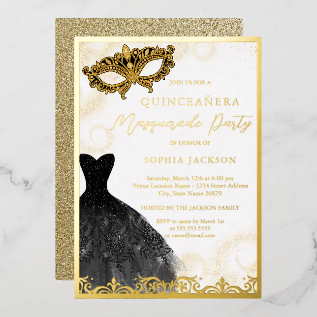 Black Gold Dress Masquerade Party Quinceanera Foil Invitation | Zazzle
