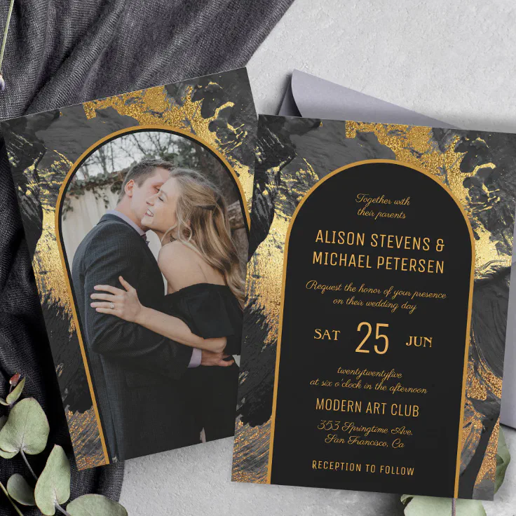 Black gold elegant abstract PHOTO wedding Invitation | Zazzle