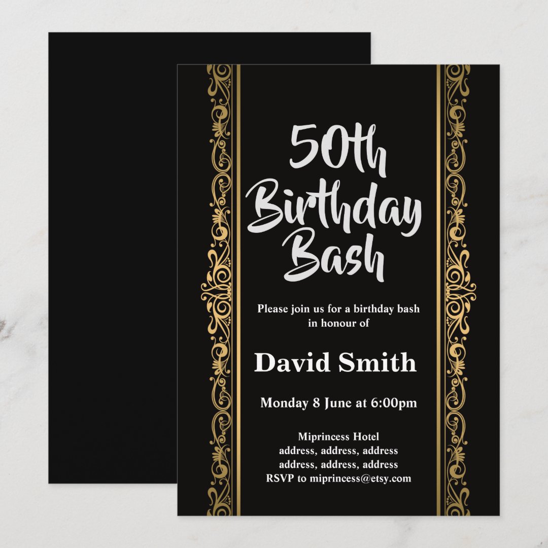 black, gold, elegant, birthday bash invitation | Zazzle