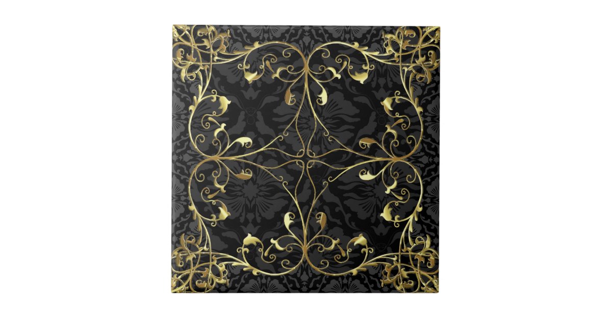Black & Gold Elegant Floral Damask Pattern 2 Ceramic Tile | Zazzle