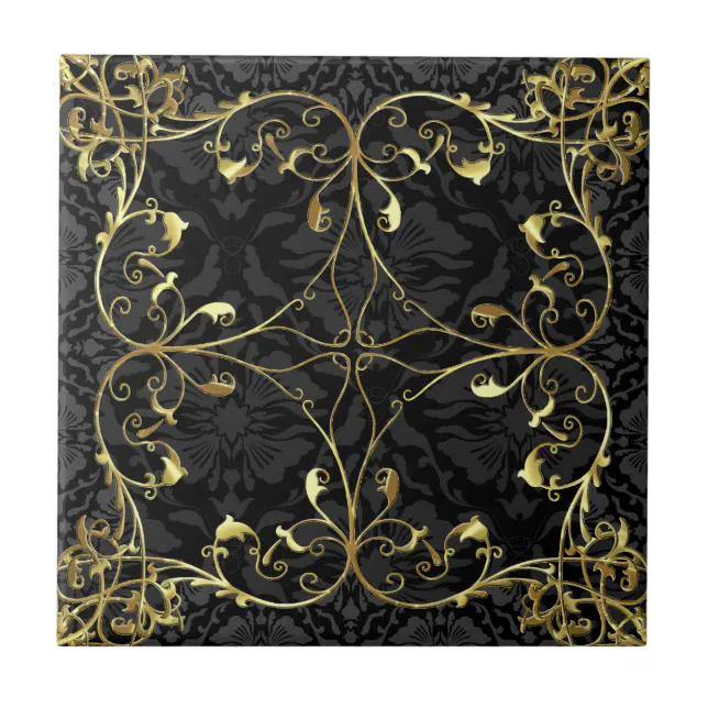 Black & Gold Elegant Floral Damask Pattern 2 Ceramic Tile | Zazzle