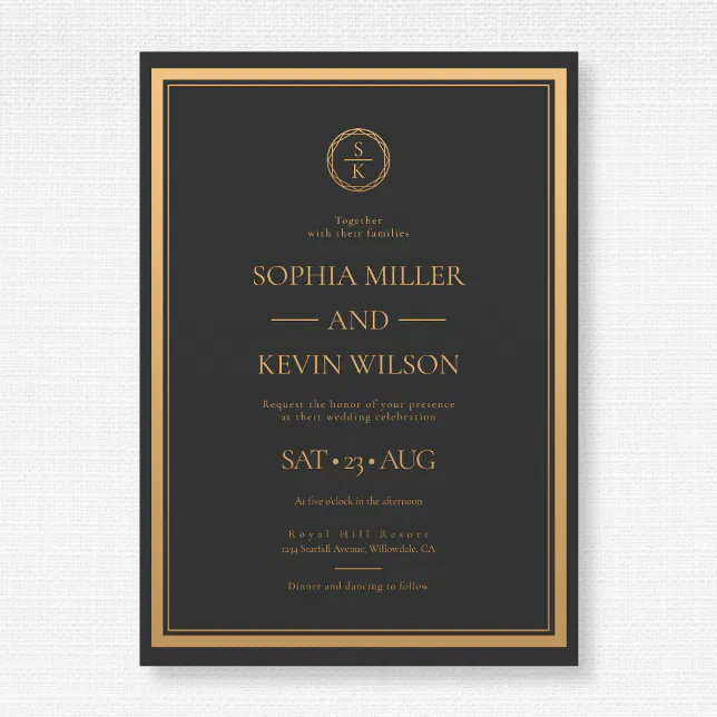 Black Gold Elegant Modern Monogrammed Wedding Invitation | Zazzle