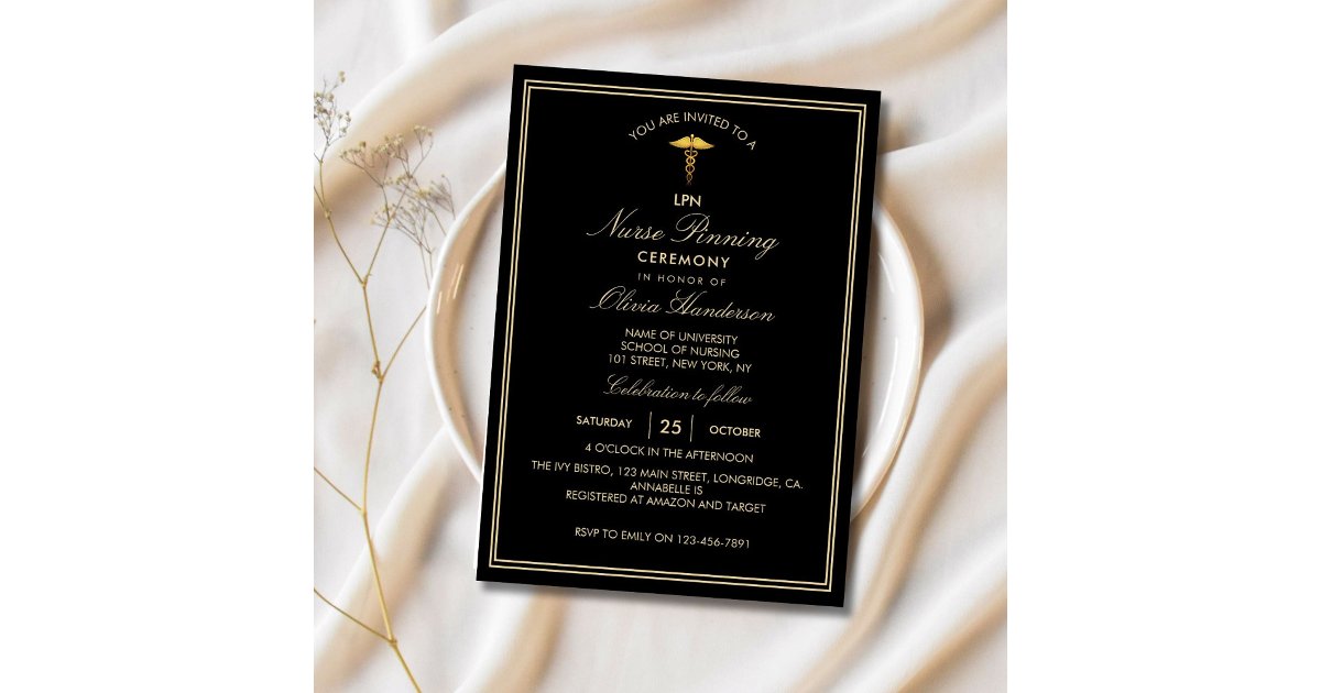 Black Gold Elegant Nurse Pinning Ceremony Invitation | Zazzle