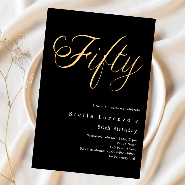 Black gold elegant script 50th birthday invitation | Zazzle