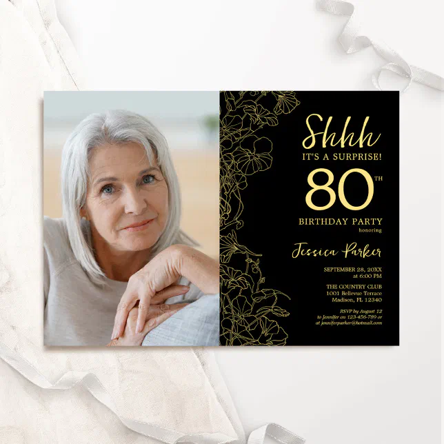 Black Gold Elegant Surprise Photo 80th Birthday Invitation | Zazzle