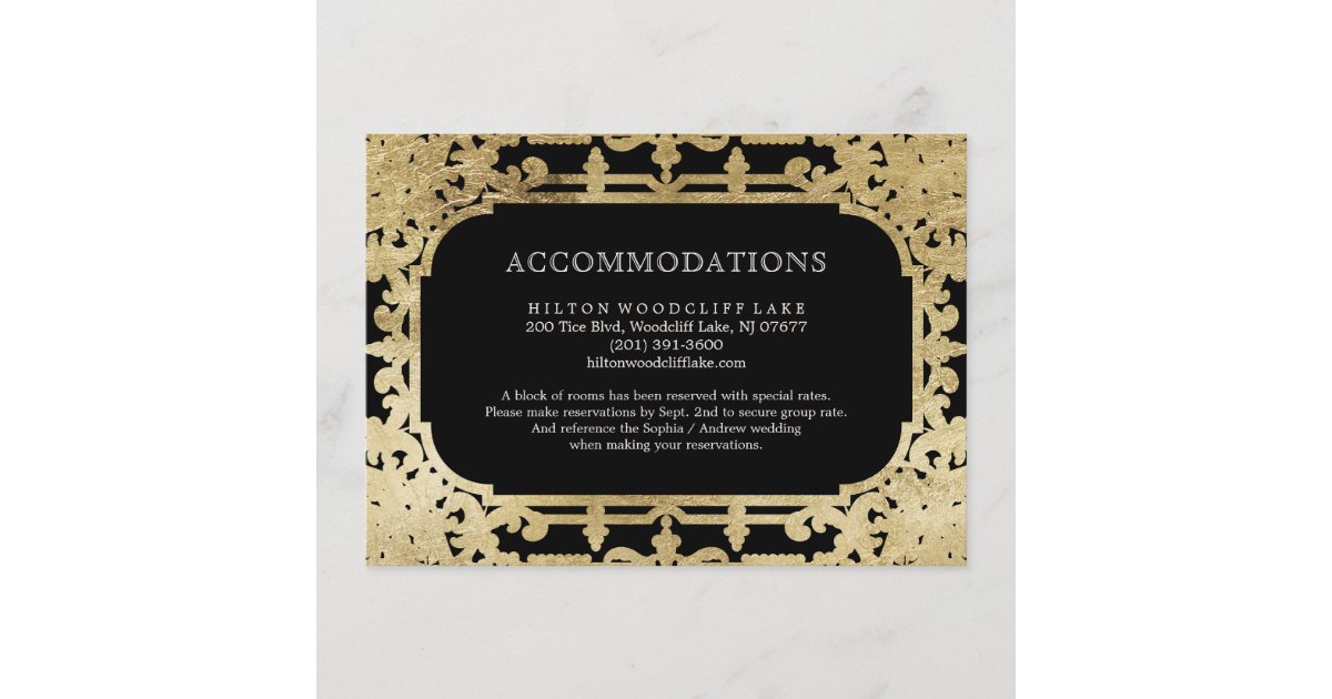 Black & gold elegant vintage wedding accommodation enclosure card | Zazzle