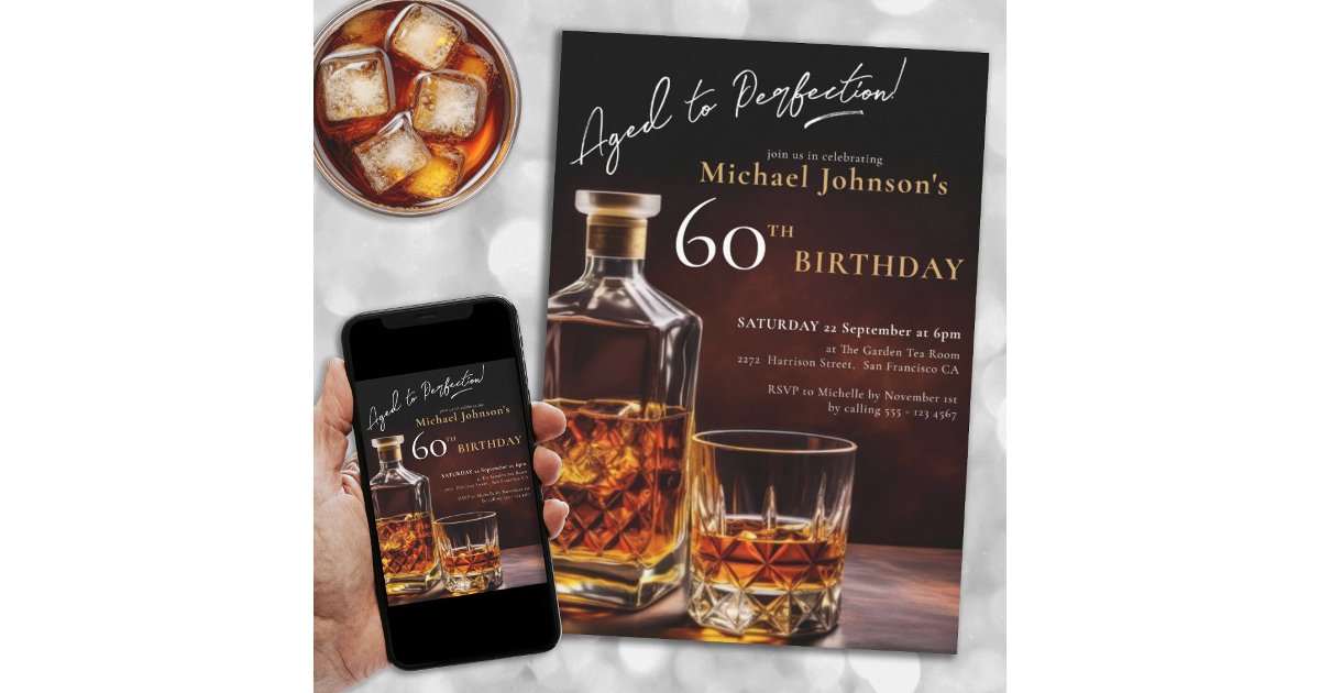 Black Gold Elegant Whiskey 60th Birthday Party Invitation | Zazzle
