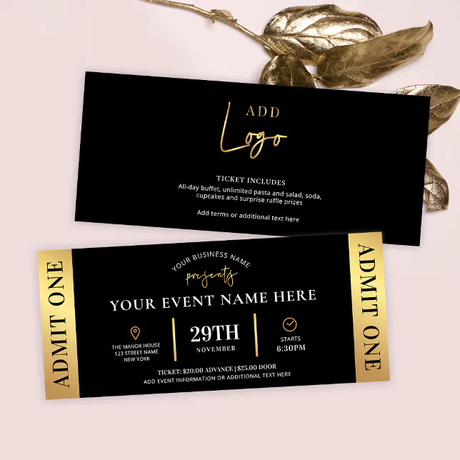 Black & Gold Event Ticket Business Logo Admit One Invitation | Zazzle