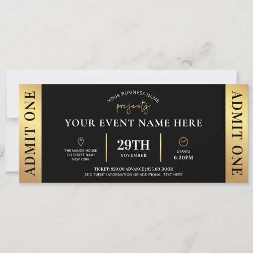 Black & Gold Event Ticket Business Logo Admit One Invitation | Zazzle