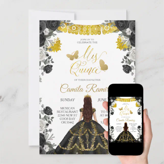 Black & Gold Fiesta Butterfly Mis XV Anos Invitation | Zazzle