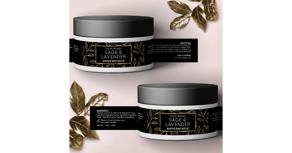 Black & Gold Floral 4 OZ Skincare Cosmetic Jar Wrap Around Label | Zazzle