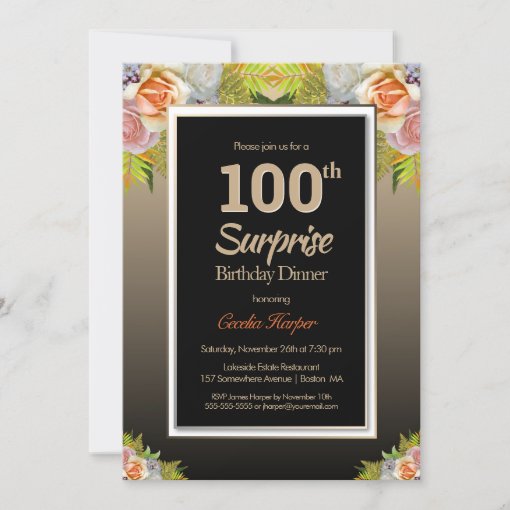 Black Gold Floral Surprise 100th Birthday Dinner Invitation | Zazzle