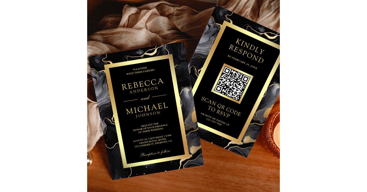 Black Gold Fluid Ink QR Code Wedding Invitation | Zazzle