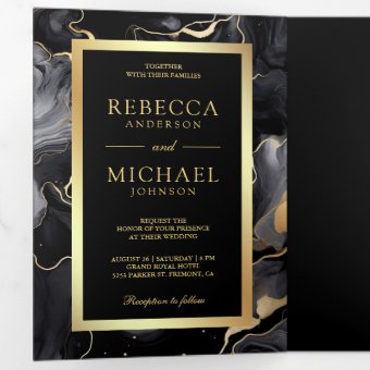 Black Gold Fluid Ink QR Code Wedding Tri-Fold Invitation | Zazzle