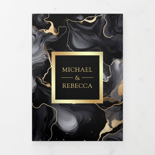 Black Gold Fluid Ink QR Code Wedding Tri-Fold Invitation | Zazzle