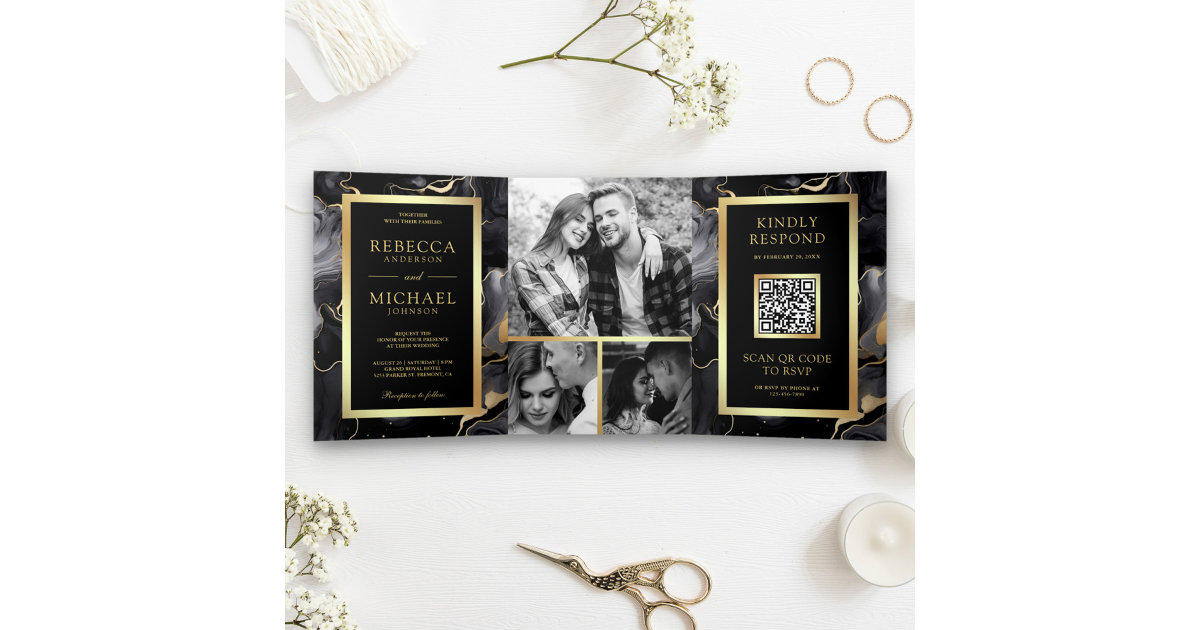 Black Gold Fluid Ink QR Code Wedding Tri-Fold Invitation | Zazzle