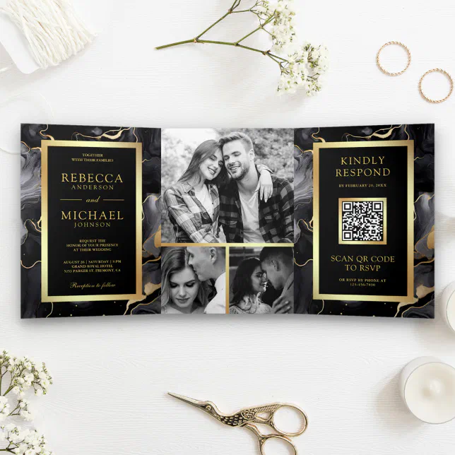 Black Gold Fluid Ink QR Code Wedding Tri-Fold Invitation | Zazzle