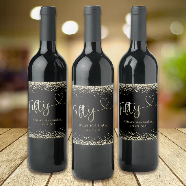 Black Gold Foil Glitter 50th Birthday Wine Label | Zazzle