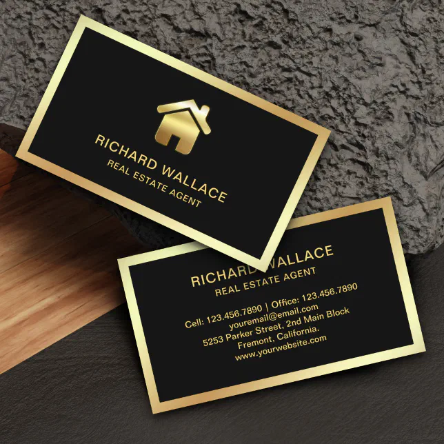 Black Gold Foil Home Logo Real Estate Agent Business Card | Zazzle