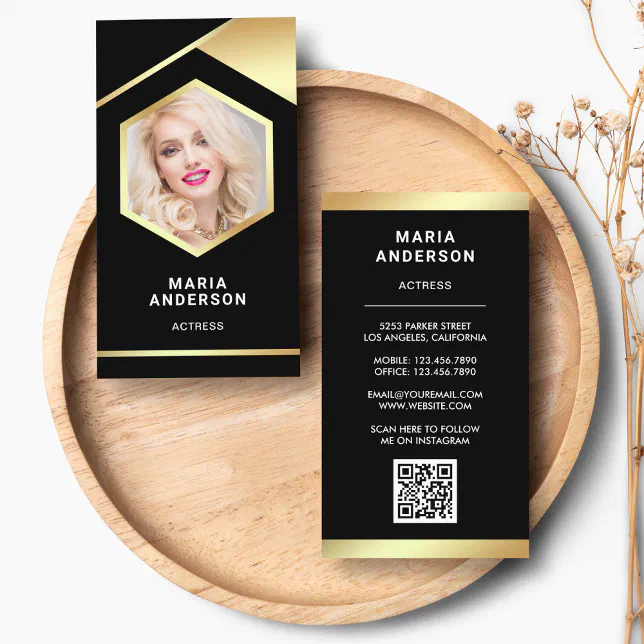 Black Gold Foil Model Actress QR Code Photo Business Card | Zazzle