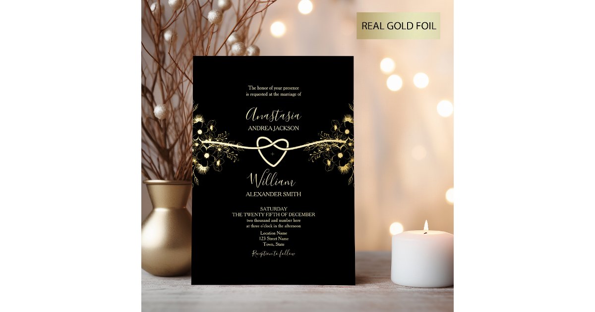 Black Gold Foil Rope Heart Wedding Invite | Zazzle