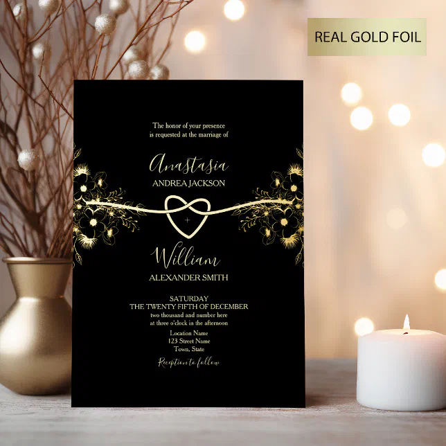 Black Gold Foil Rope Heart Wedding Invite | Zazzle