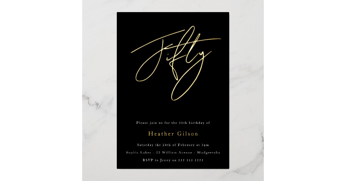 Black & Gold Foil Script 50th Birthday Party Foil Invitation | Zazzle