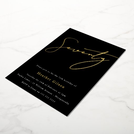 Black & Gold Foil Script 70th Birthday Party Foil Invitation | Zazzle