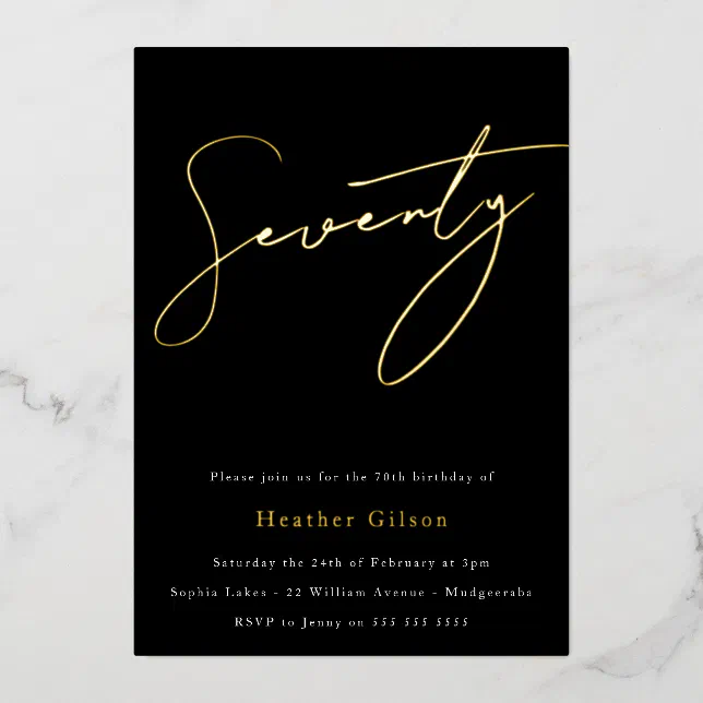 Black & Gold Foil Script 70th Birthday Party Foil Invitation | Zazzle