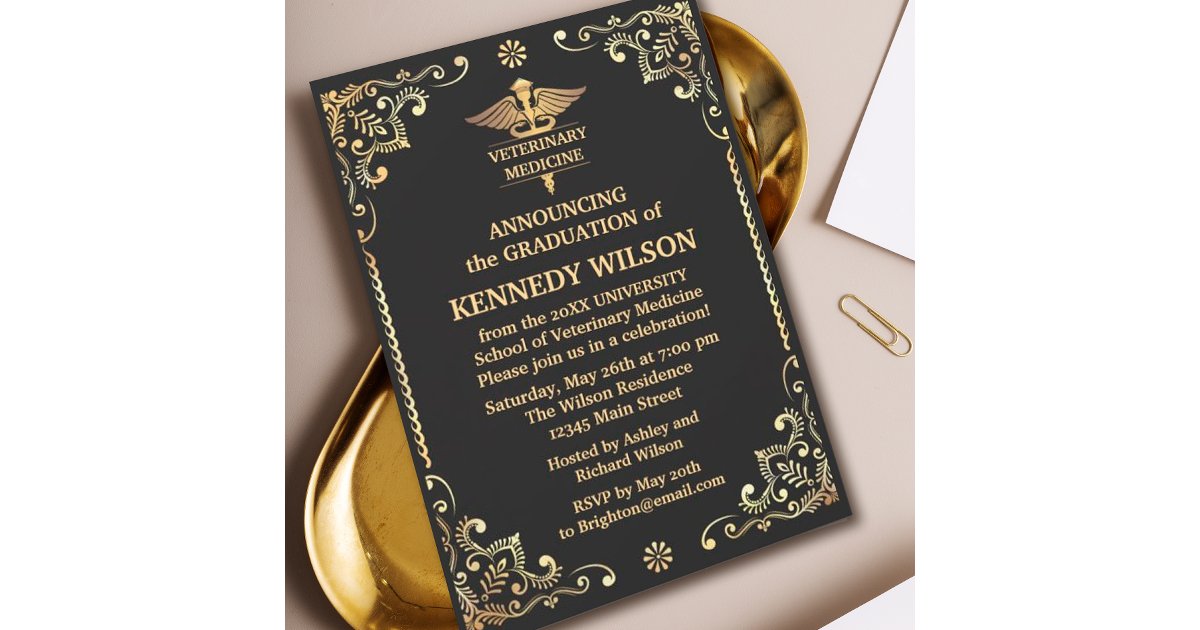 Black Gold foil Veterinary Medicine Graduation Invitation | Zazzle