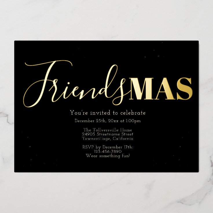 Black Gold Friendsmas Christmas Foil Invitation | Zazzle