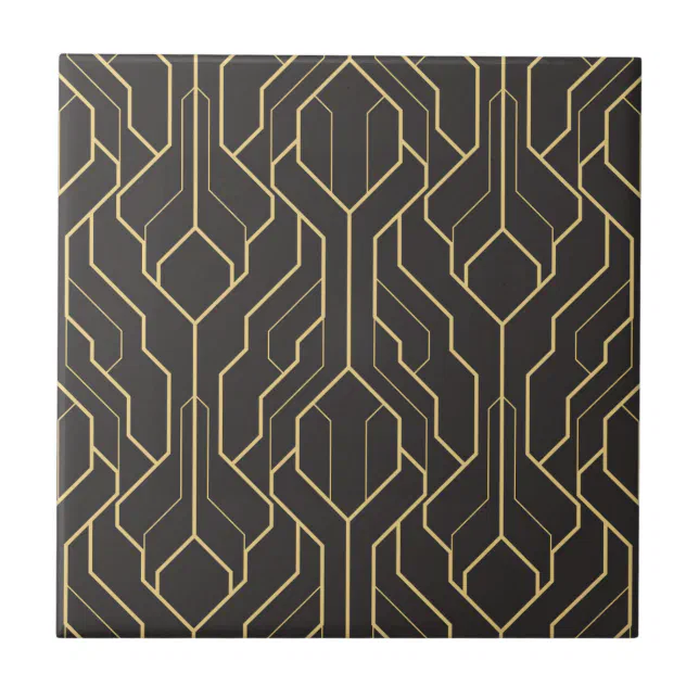 Black Gold Geometric Pattern | Art Deco Ceramic Tile | Zazzle