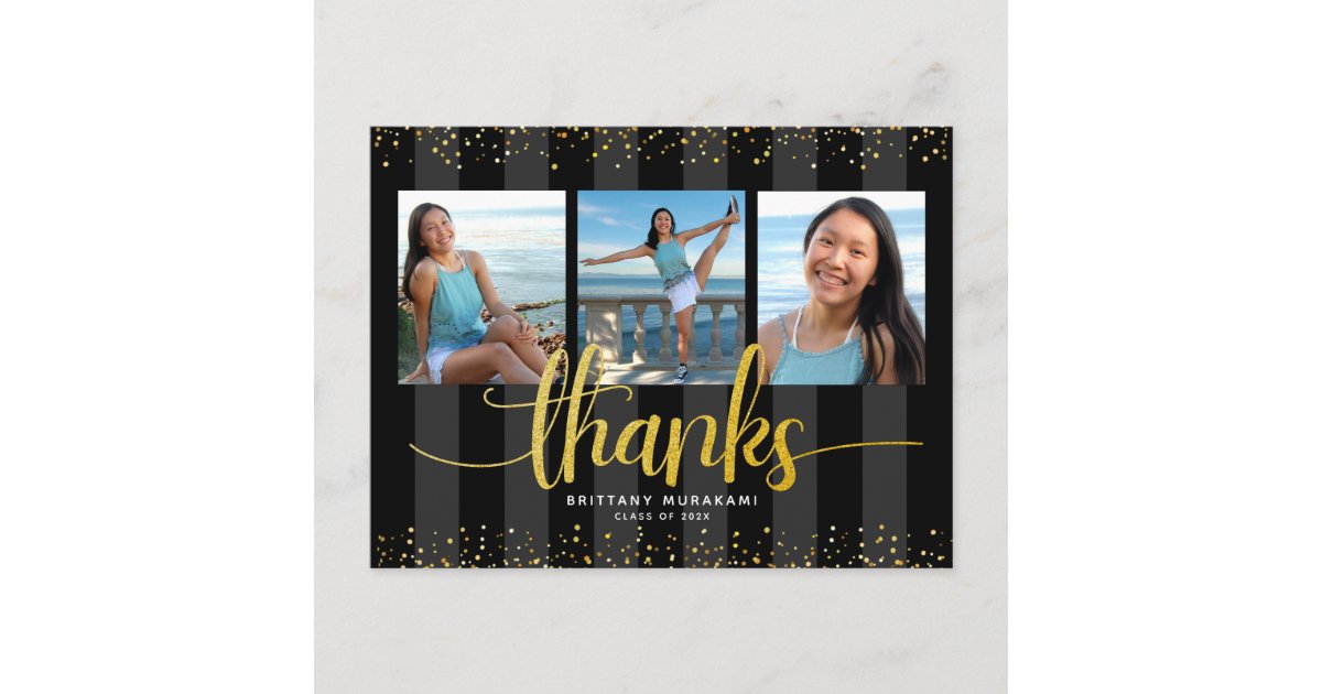 Black gold glitter 3 photo graduation thank you postcard | Zazzle
