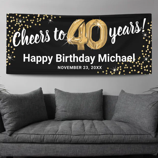 Black Gold Glitter 40th Birthday Banner | Zazzle
