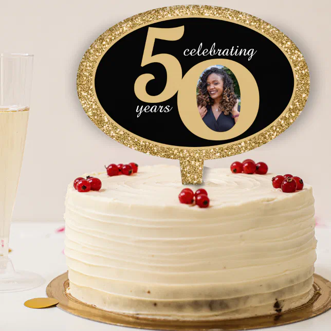Black & Gold Glitter 50 Fifty Years 50th Birthday Cake Topper | Zazzle