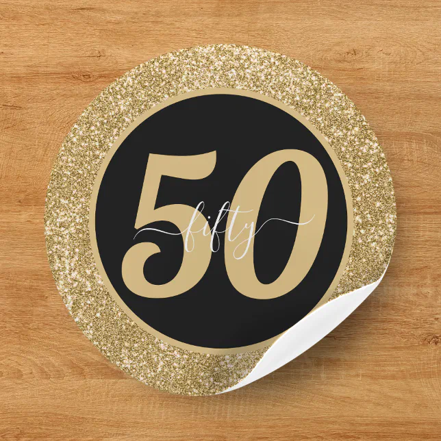 Black & Gold Glitter 50 Fifty Years 50th Birthday Classic Round Sticker ...