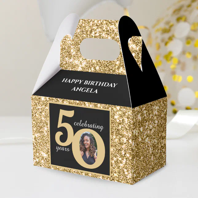 Black & Gold Glitter 50 Fifty Years 50th Birthday Favor Boxes | Zazzle