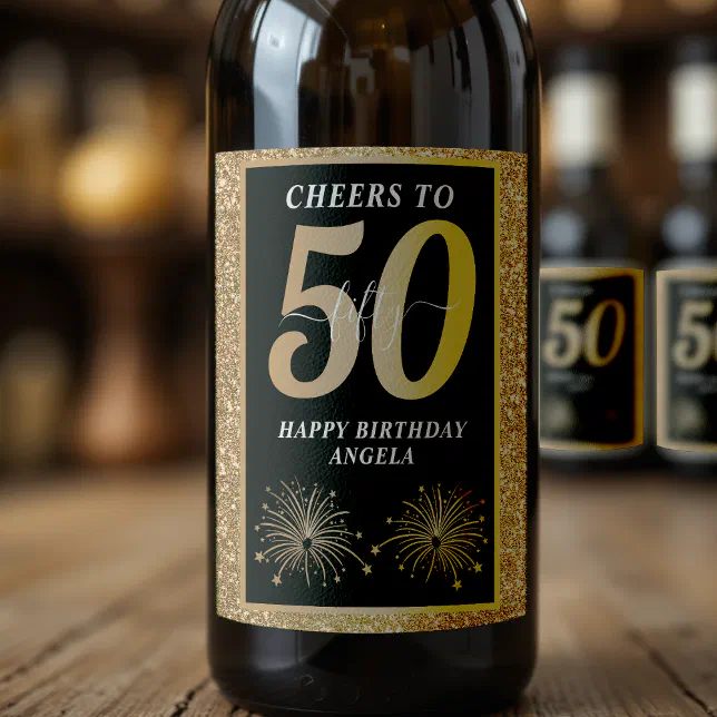 Black & Gold Glitter 50 Fifty Years 50th Birthday Wine Label | Zazzle