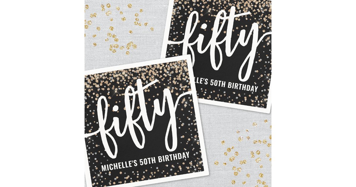 Black Gold Glitter 50th Birthday Napkins | Zazzle