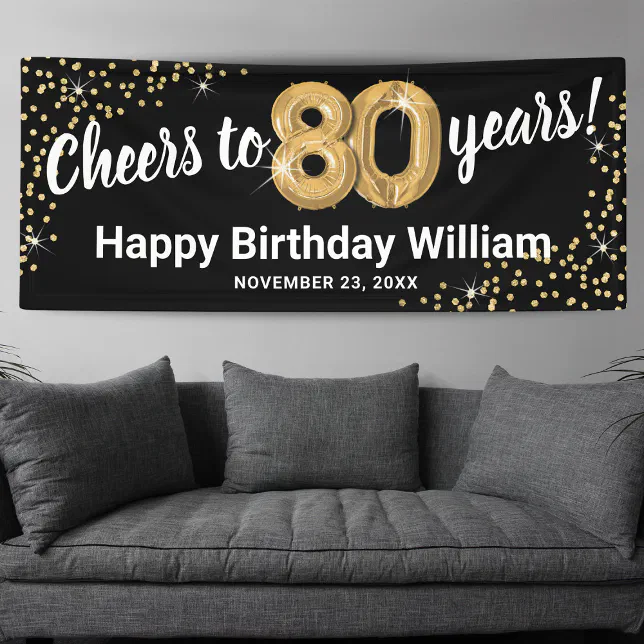 Black Gold Glitter 80th Birthday Banner | Zazzle