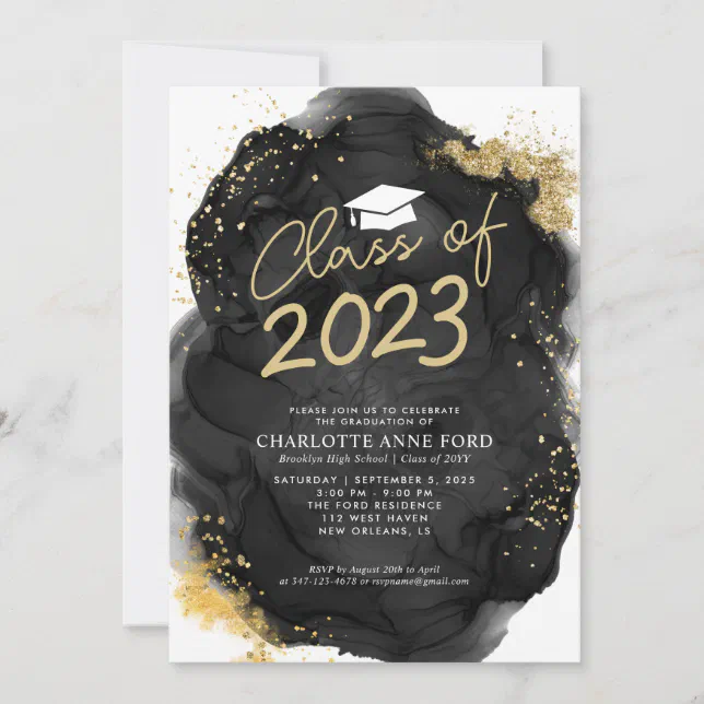 Black Gold Glitter Alcohol Ink Graduation Party Invitation | Zazzle