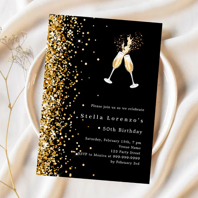 Black gold glitter cheers luxury birthday invitation | Zazzle