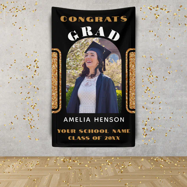 Black Gold Glitter Congrats Grad Photo Backdrop Banner | Zazzle