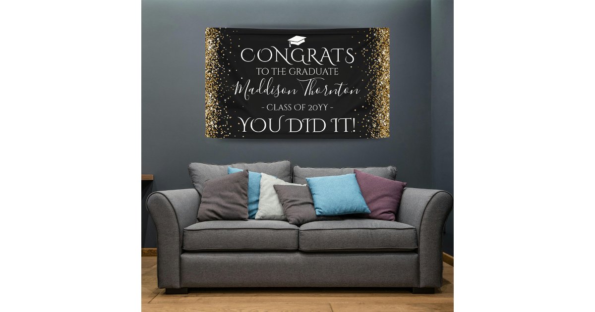 Black & Gold Glitter Congrats Graduate Graduation Banner | Zazzle