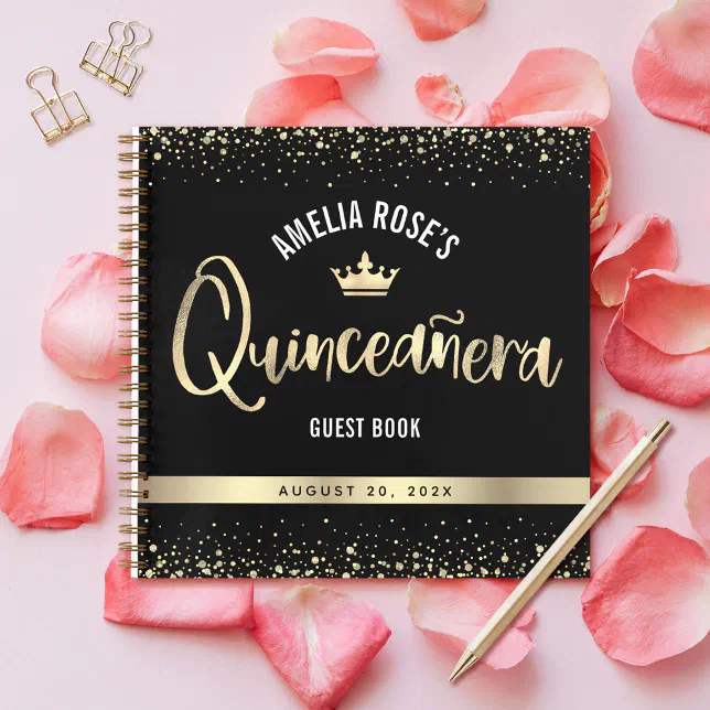 Black Gold Glitter Crown Quinceañera Guest Book | Zazzle