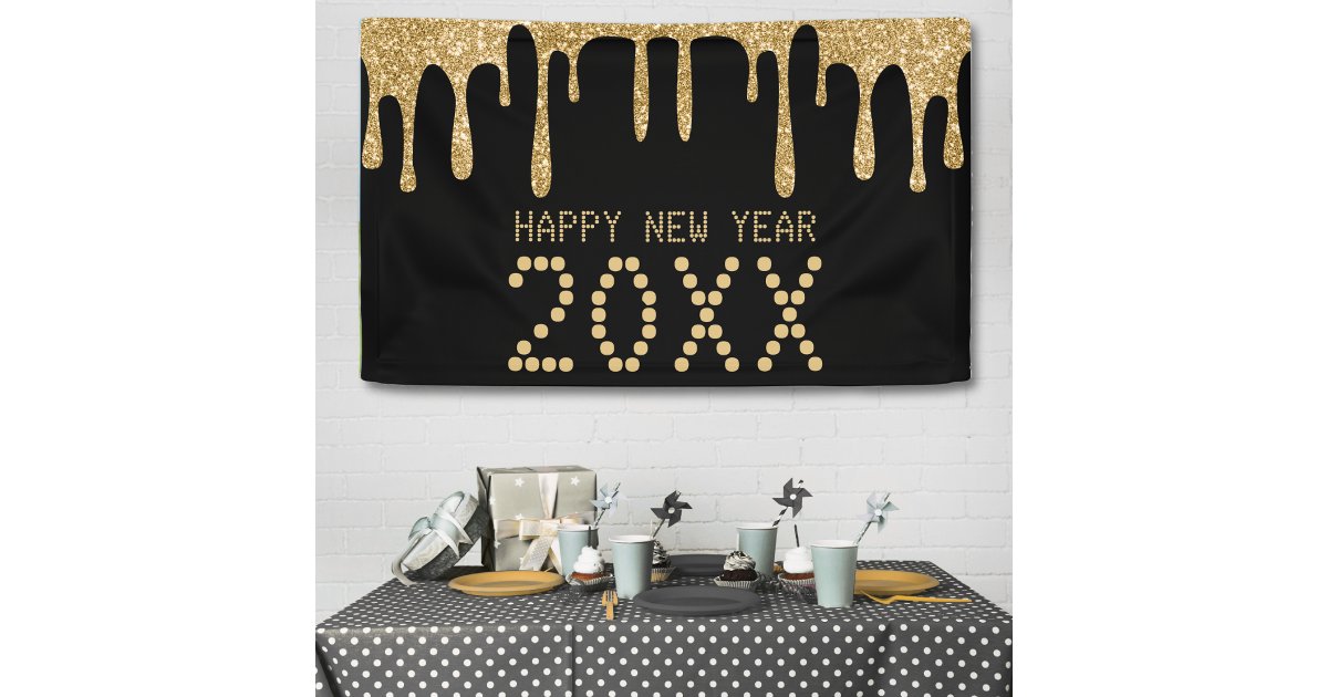 Black & Gold Glitter Drip Happy New Year 2024 Banner | Zazzle