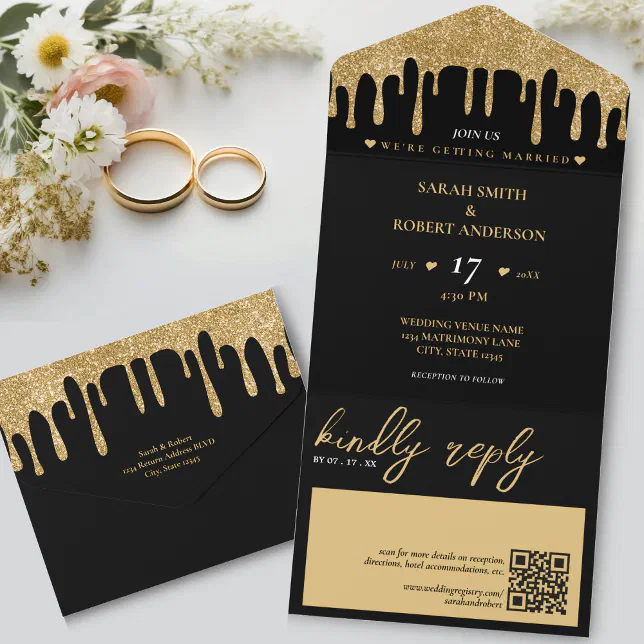 Black & Gold Glitter Drip QR Code Wedding All In One Invitation | Zazzle