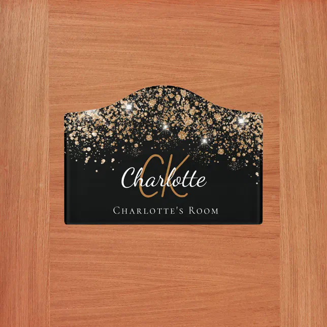 Black gold glitter dust custom monogram door sign | Zazzle