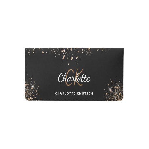 Black gold glitter dust monogram name glitter checkbook cover | Zazzle